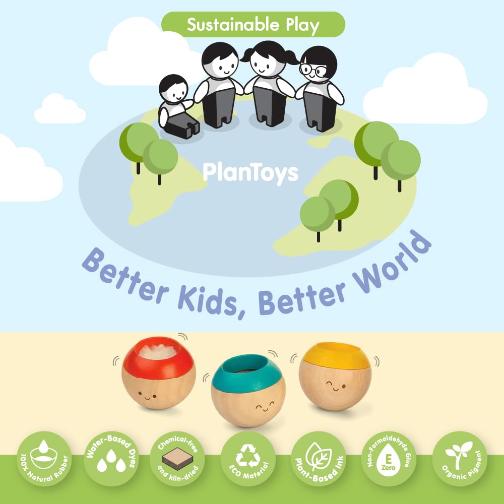 PlanToys Sensory Tumbling - Baby Toys with 3 Wooden Tumblers for Perceptual and Motor Skill Development