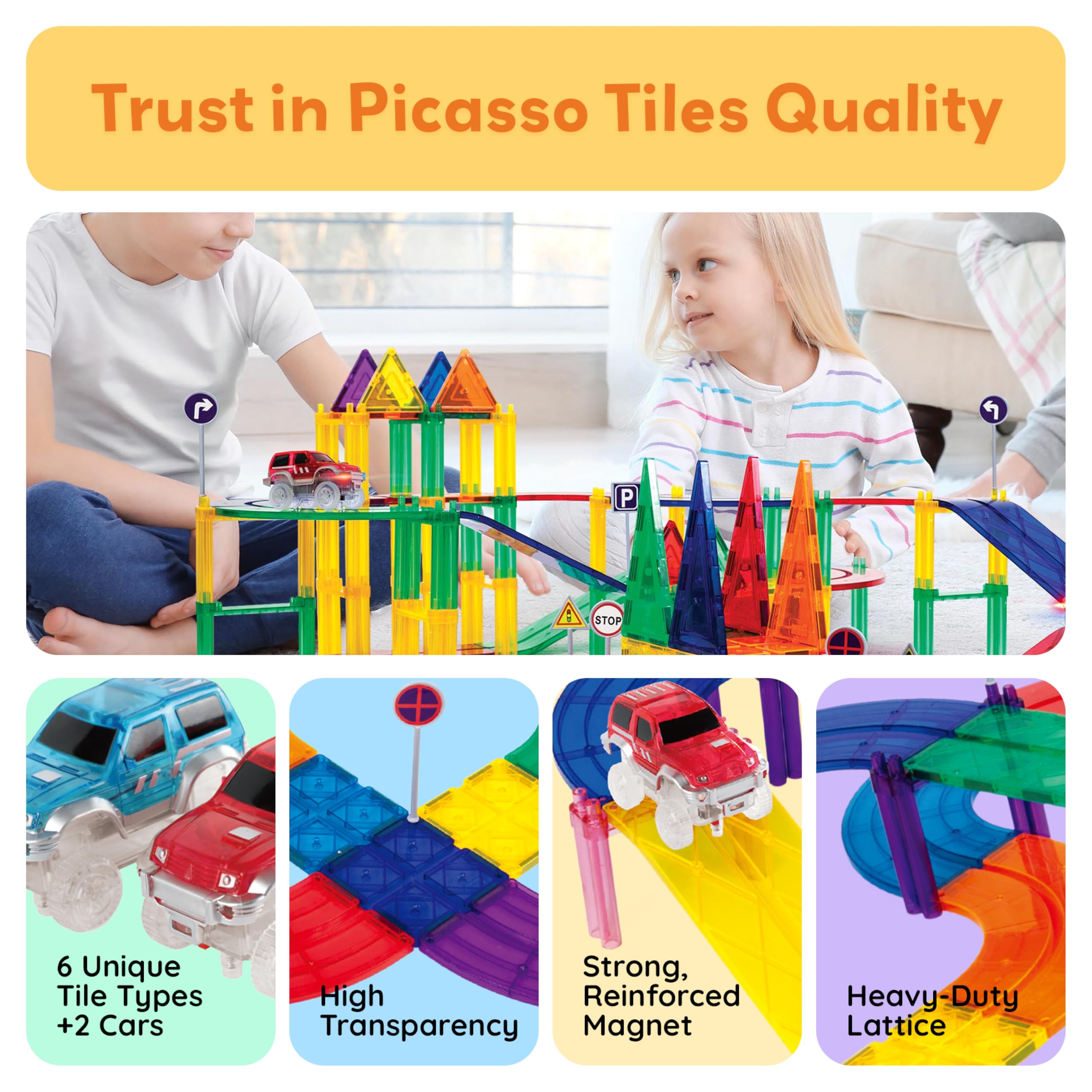 PicassoTiles 80 Piece Race Car Track Building Block Educational Toy Set Magnetic Tiles Magnet DIY Playset 2 Light Up Car STEM Learning Construction Kit Hand-Eye Coordination Fine Motor Skill Training