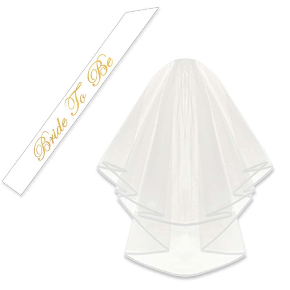 KUNG FU PARTY White Double Ribbon Edge Center Cascade Bridal Wedding Veil with Comb and Bride To Be Satin Sash Bachelorette Party Decorations Supplies
