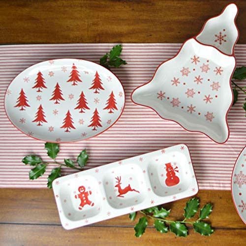 Euro Ceramica Winterfest Collection Festive 16.1" Ceramic 3 Part Divided Appetizer Tray, Hand-Stamped Holiday Design, Red & White