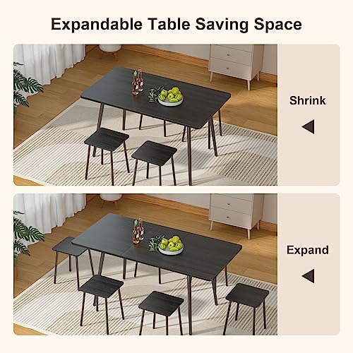 Qsun 7-Piece 63" Large Dining Table Set for 4-6 People, Extendable Kitchen Table Set with 6 Chairs, Dining Room Table with Round Corner for Small Space, Children Protective Design, Black