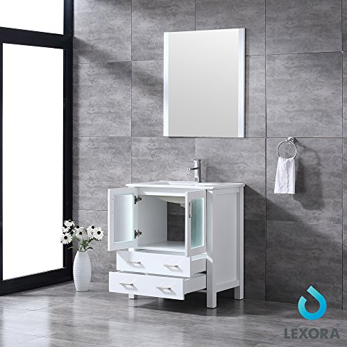 Lexora Volez 30 in W x 18.25 in D White Bath Vanity, White Ceramic Top and 28 in Mirror