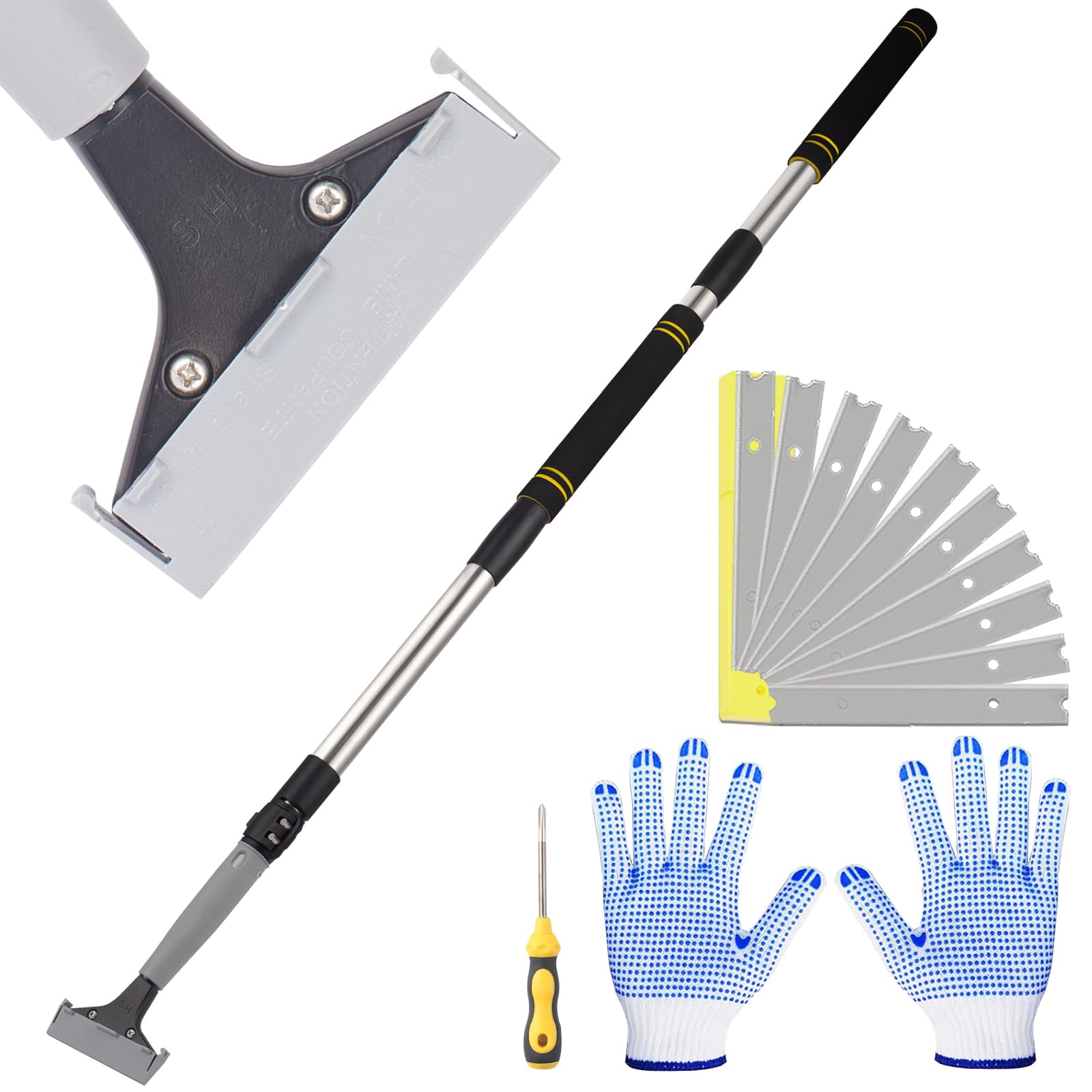 Frebuta Floor Scraper Long Handle Telescopic Pole, 38 to 52in Heavy Duty 4Inch Razor Blade Floor Scrapers Metal Paint Scraper with 10PCS Extra Metal Blades Paint Scraper (Gray, Telescopic 4Feet)