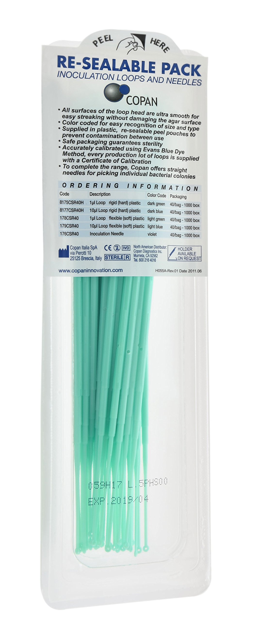 Loop, Inoculating, Disposable, Flexible (Soft) Plastic, Light Green, 1ul Calibrated, 40/pkg, 1000/box, by Copan