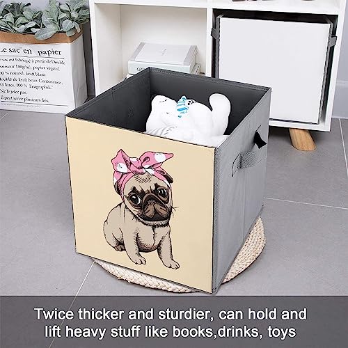 Cute Pug Dog Storage Cubes with Handles Foldable Fabric Bins Organizing Baskets for Shelves Closet