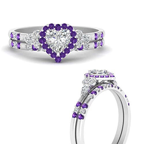 CustomizedGifts Halo Edwardian Wedding Ring And Band sterling silver Natural Amethyst Heart shape purple color Wedding Ring Sets prong Setting in Size 6 Handcraft Chakra Healing