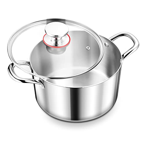 Herogo 6 Quart Stock Pot, 18/10 Stainless Steel Pasta Pot with Lid, 6 QT Cooking Pot with Handles, Tri-Ply Stockpot for Induction Gas Electric Stove, Dishwasher Safe