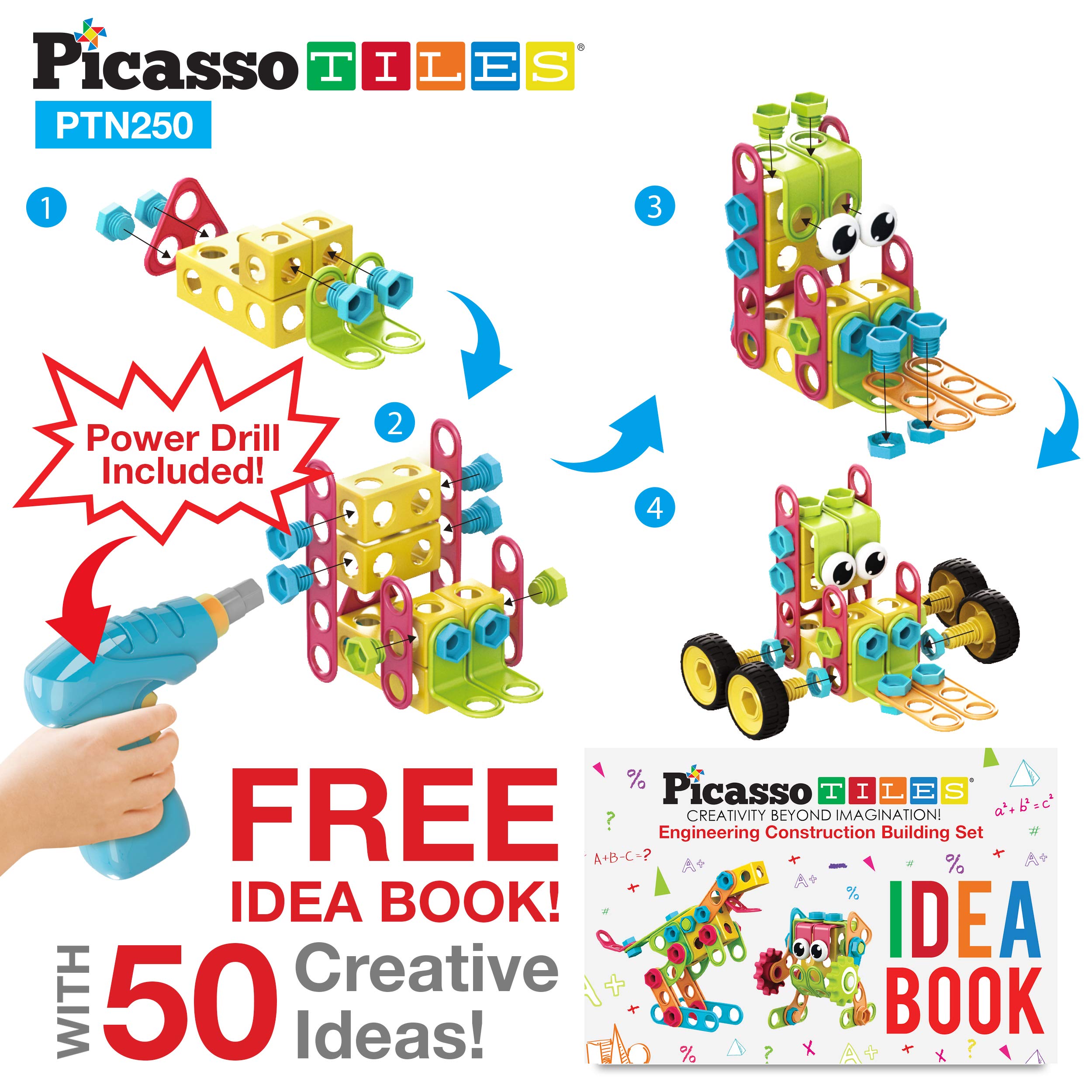 PicassoTiles STEM Learning Toys 250 Piece Building Block Kids Construction Engineering Kit Toy Blocks Children Early Education Playset w/Free IdeaBook, Power Drill, Clickable Ratchet, Age 3+ PTN250