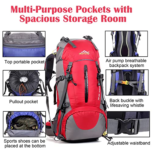 HERYWEKD Hiking Backpack, 50L Travel Backpack, Waterproof Lightweight Camping Backpack, Suitable for Hiking, Mountaineering, Camping (Red)
