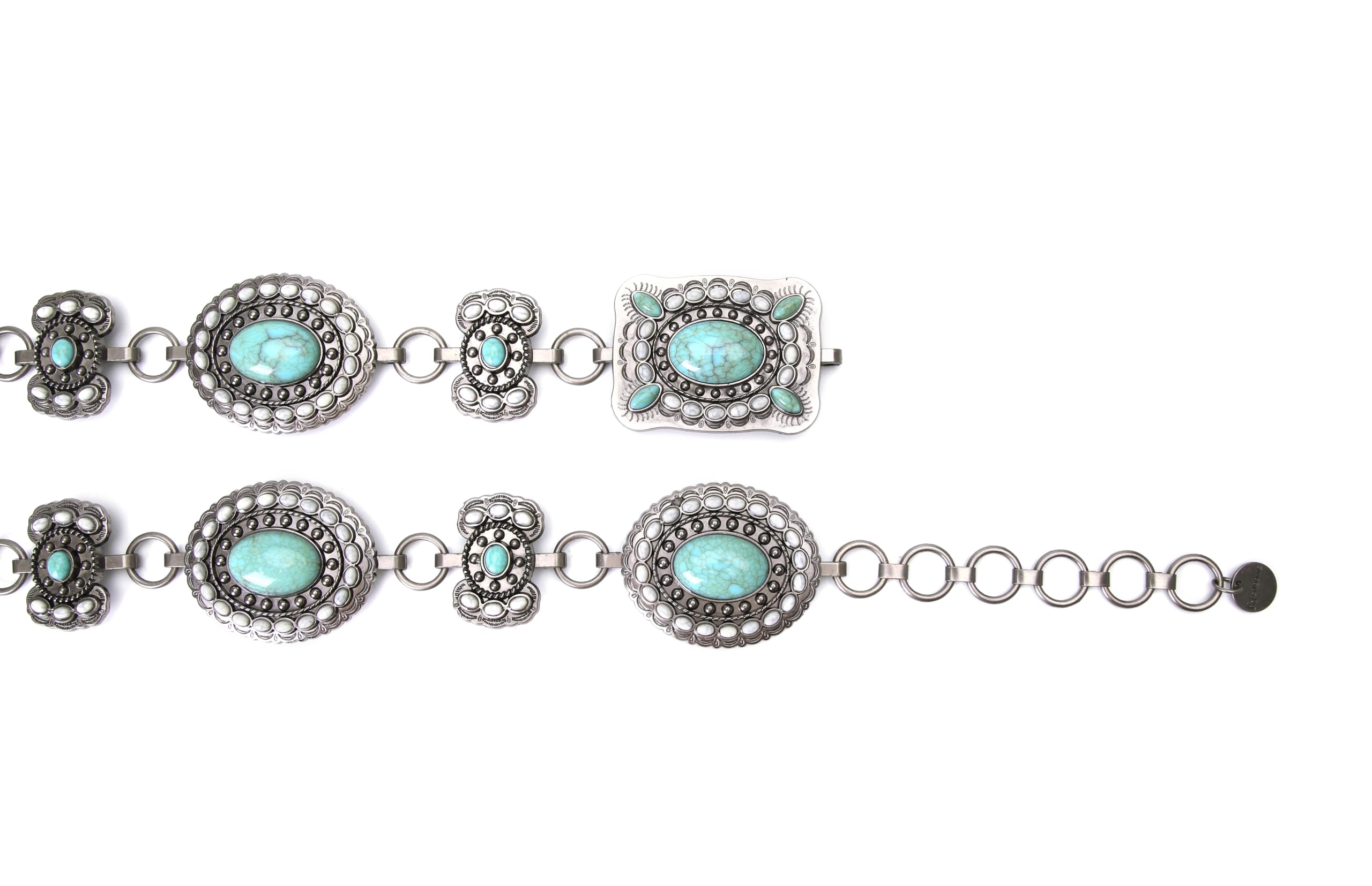 CNBOME Women's Western Cowgirl Concho Turquoise Stone Chain Belt (Jade & White, XLarge)