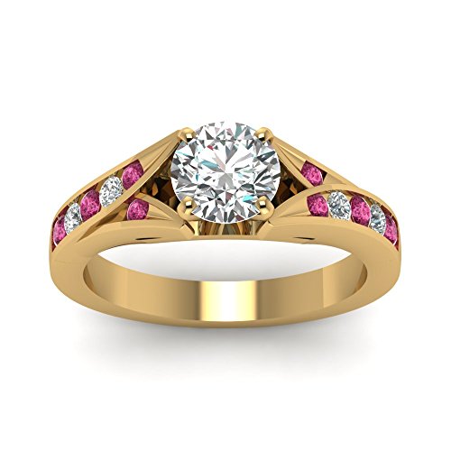 CustomizedGifts Channel Set Diamond Ring yellow gold plated Created Pink Sapphire Round shape Pink color Split Shank Engagement Ring channel Setting in Size 11 Handcraft Chakra Healing