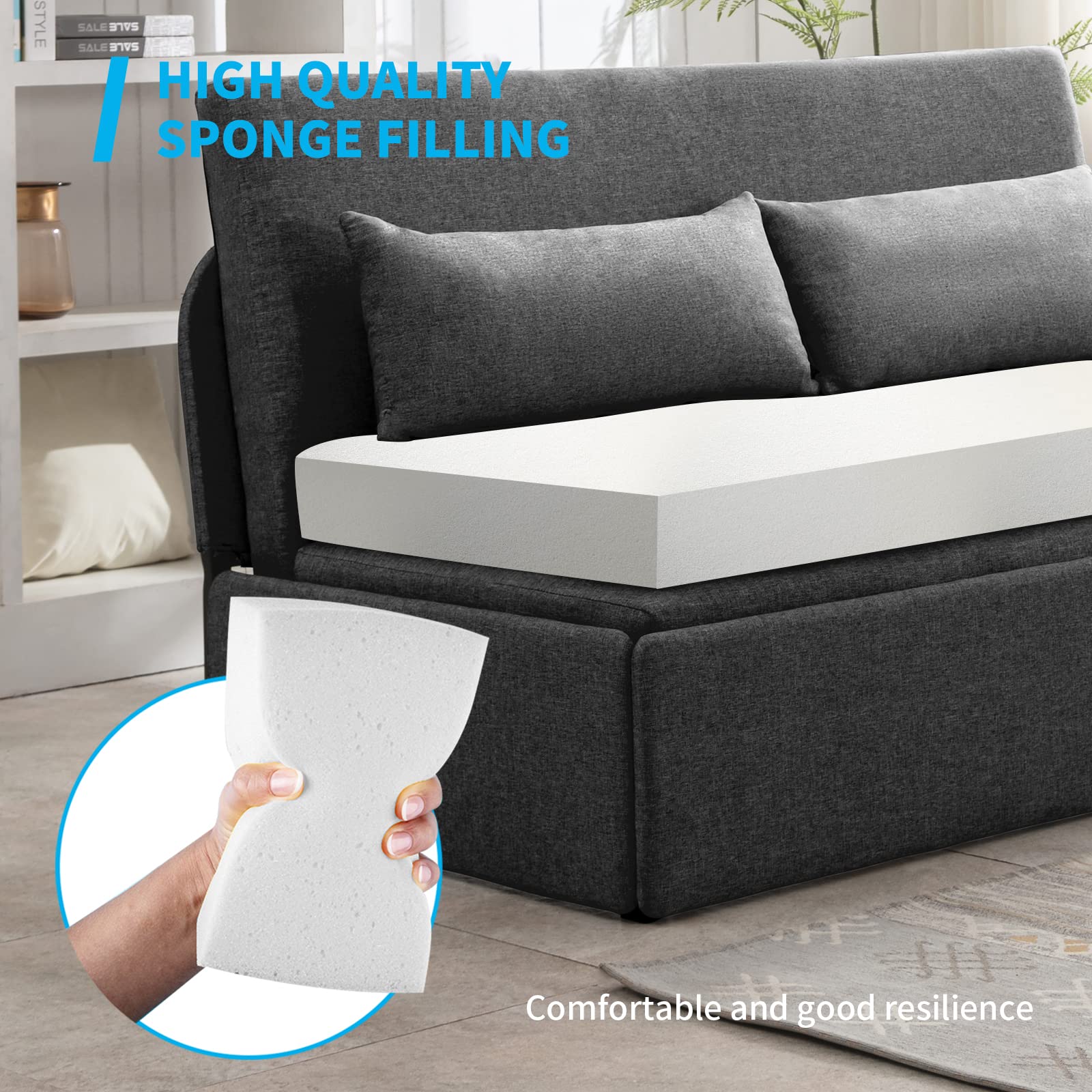 Mjkone Queen Size 2 in 1 Convertible Sofa Bed, Linen Loveseat with 1 Foldable Mattress and 2 Cushions, Pull Out Sleeper Sofa,Couch Bed for Small Place, Apartment and Office - Dark Gray
