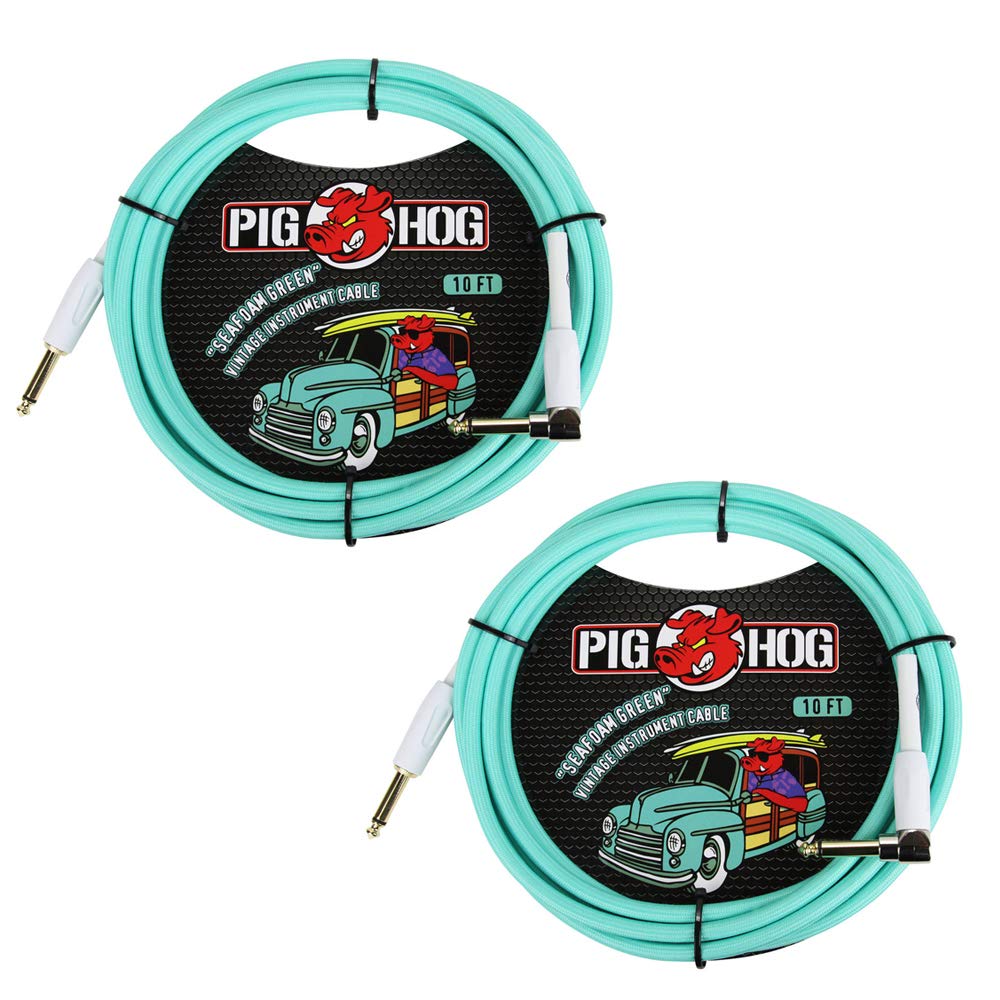 Pig Hog Vintage-Series Woven Instrument Cable (Seafoam Green, 10', Right Angle), (2-Pack)