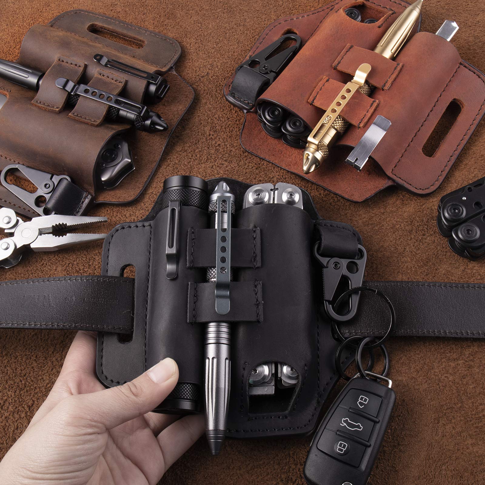 Gentlestache Belt Sheath, Practical EDC Leather Belt Organizer with Multitool Pouch, Flashlight/Pen Holder and Keychain Clip for Men Black
