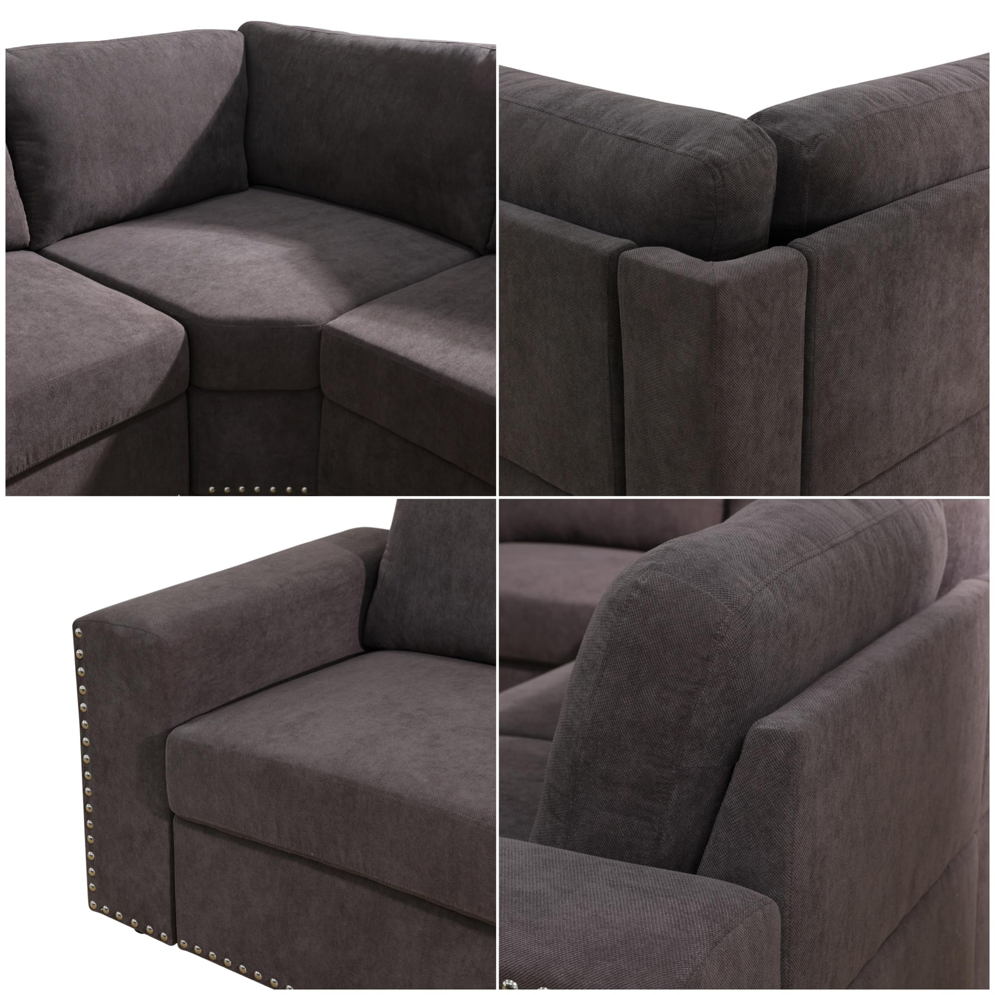 GlasFlength Sectional Sofa Couches for Living Room with Ottoman, Nail-Head Design Linen Right Facing U-Shaped Modern Couches with Cup Holder, Bedroom, Office