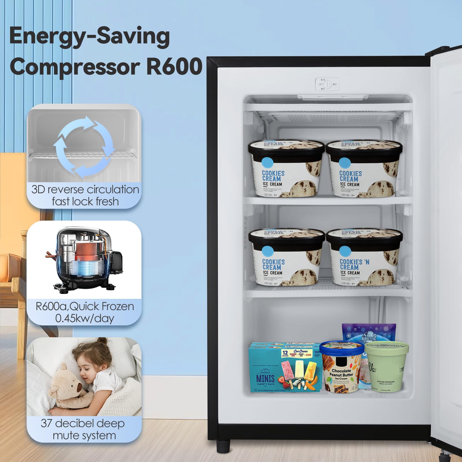 LHRIVER Mini Freezer Compact Upright Freezer, 1.2Cu.ft Small Freezer with Handle, Removable Shelves, Adjustable Thermostat, Low Noise Mini Freezers for Bedroom, Apartment, Home, Office, Black