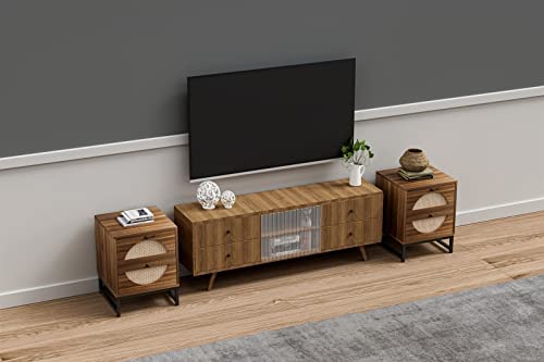 SeokIljin Rattan Nightstand,2 Drawer Side Table,Metal Legs,Bottom Hollow-Out Design,Easy Cleaning,Display Rack for Bedroom and Living Room