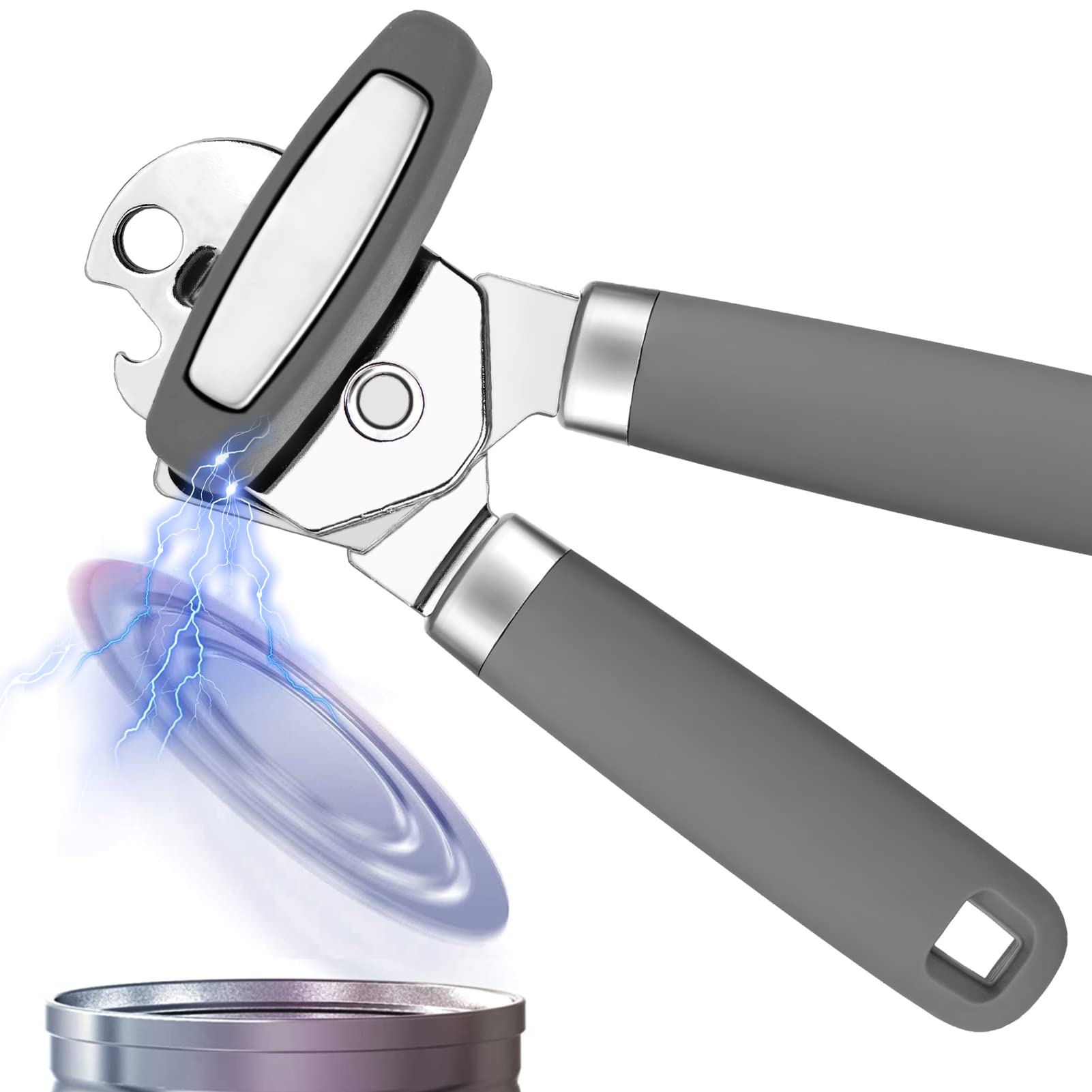 Can Opener Manual, Easy Grip Handheld Can Opener Smooth Edge, Can Openers with Sharp Blade,Safety Effort-Saving Can Opener for Seniors Mama, Kitchen, Commercial Bottles Opener Gray