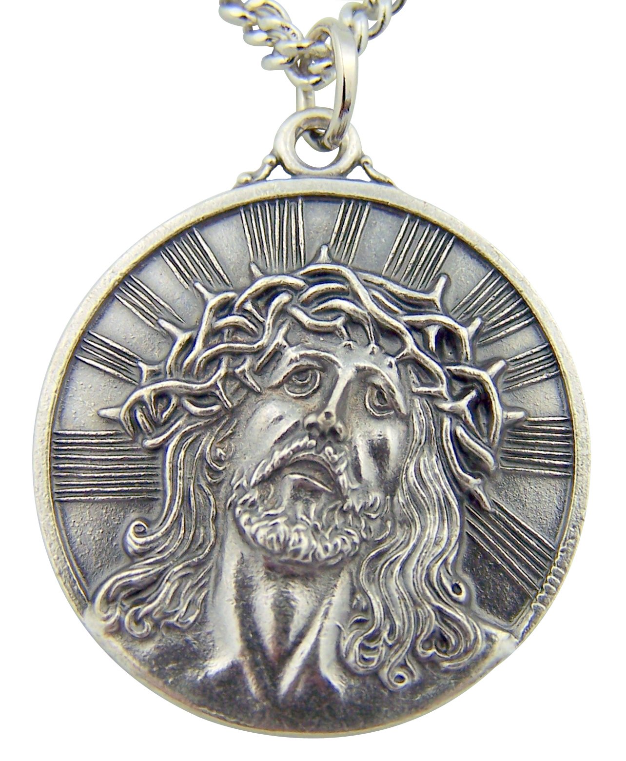 CB Silver Toned Base Thorn Crown ECCE Homo Sorrowful Jesus Christ Head Medal, 1 1/8 Inch