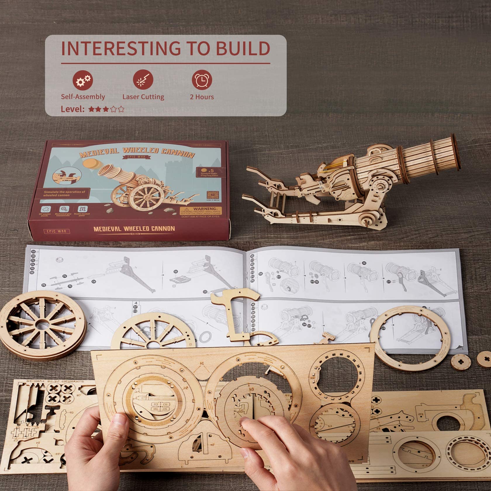 ROBOTIME 3D Wooden Puzzles for Adults, Cannon Toy Wooden Catapult Model for Adults to Build, STEM Projects Educational Toy for Kids