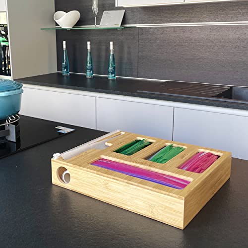 MillTu Ziplock Bag Storage Organizer for Kitchen Drawer, 5 in 1 Bamboo Food Storage Bag Organizer with Plastic Wrap Organizer, Compatible with Gallon, Quart, Sandwich, Snack Bag & Kitchen Rolls