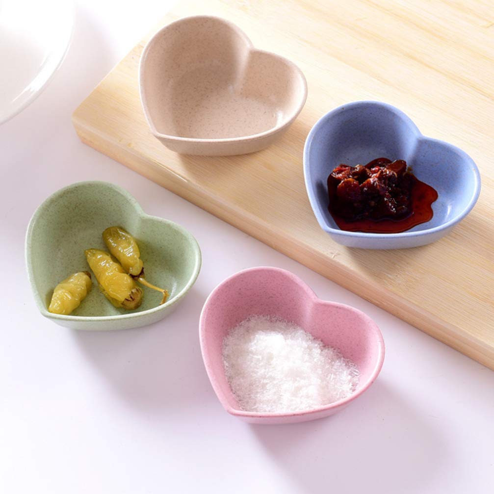 DOITOOL 4pcs Cute Heart Shaped Seasoning Dish Wheat Straw Love Sauce Dish Condiment Dishes Sushi Soy Dipping Bowl Snack Serving Dish for Wedding Valentines Day Party Decoration Pink