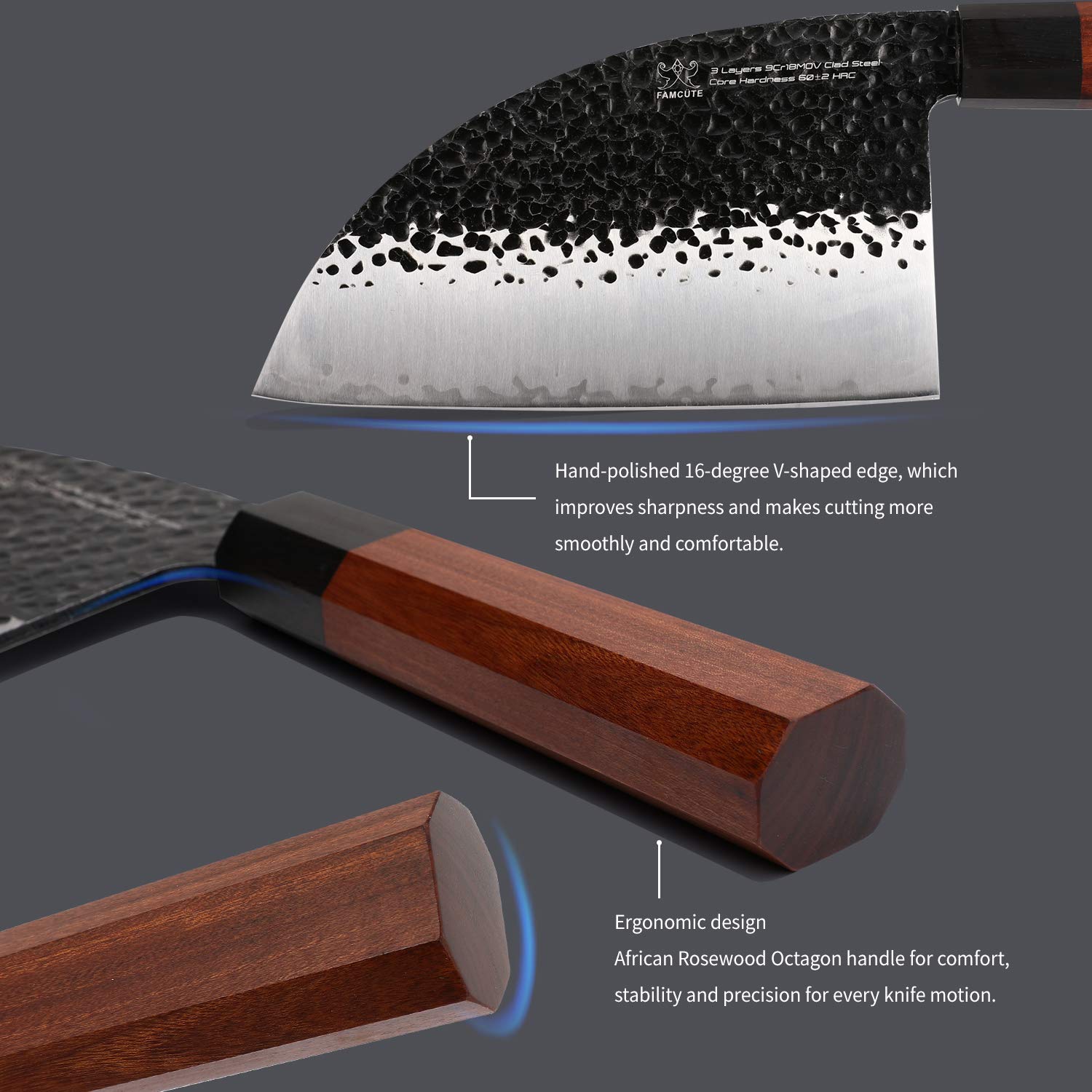 FAMCÜTE 6.5 inch Butcher Knife, 3 Layer 9CR18MOV Clad Steel w/octagon Handle Serbian Meat Cleaver Knife with Leather Knife Sheath