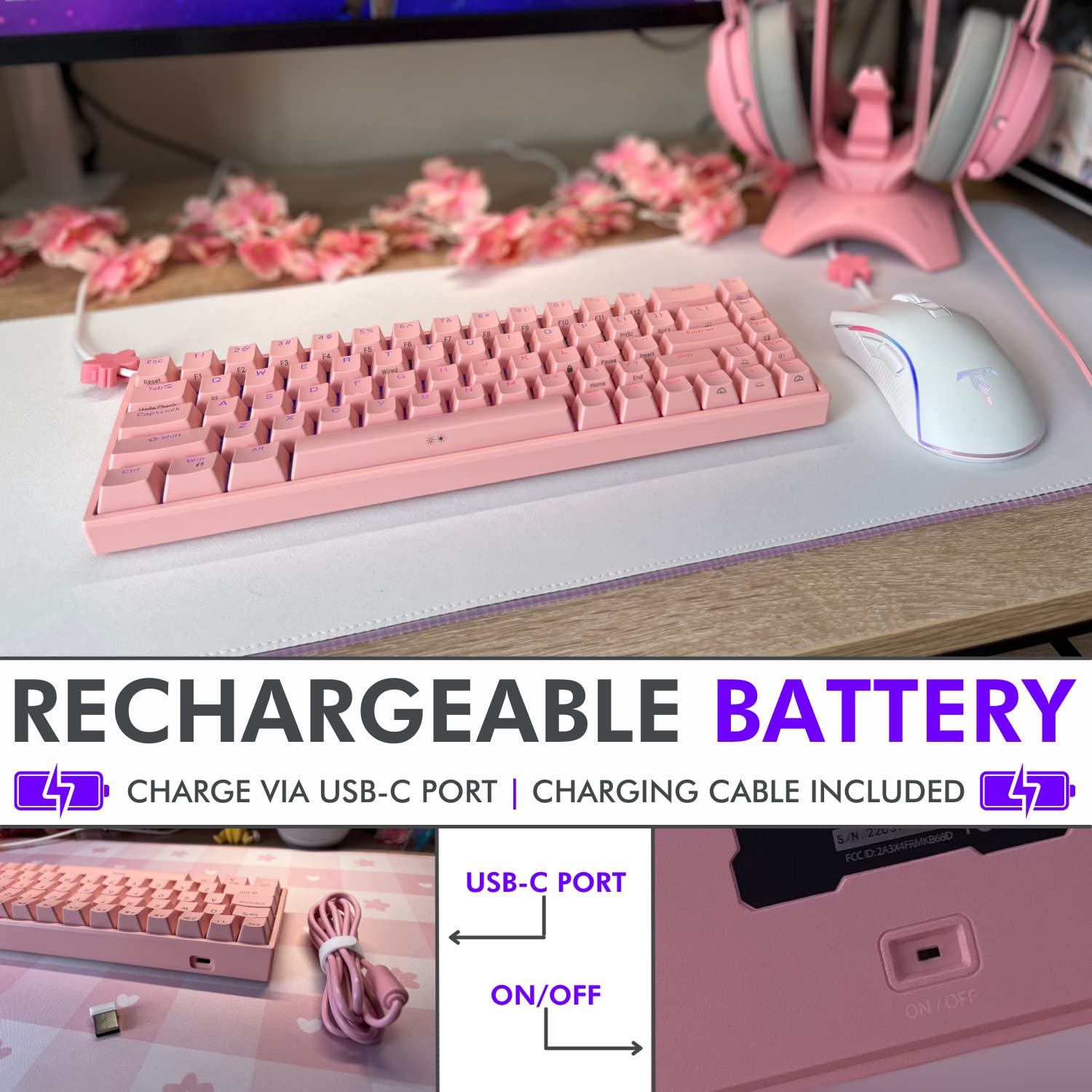 Tilted Nation 65% Percent Keyboard Pink - Compact Hot Swappable Mechanical Keyboard - Dual Wired or 2.4G Wireless RGB Gaming Keyboard - Rechargeable, 68 Key, Customizable RGB, Brown Switches