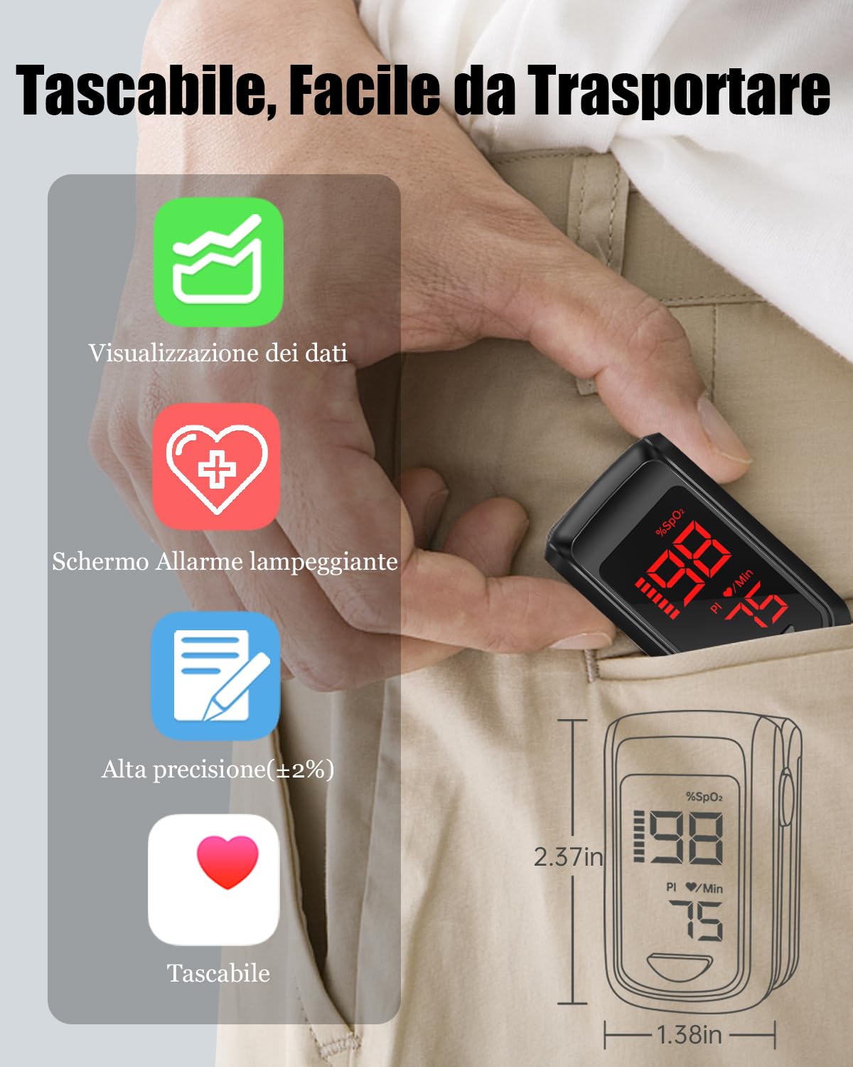 Fingertip Pulse Oximeter- Mini Oximeter Oxygen Saturation Monitor for SpO2/Heart Rate/PI, with Auto Graph Display/Flash Reminder