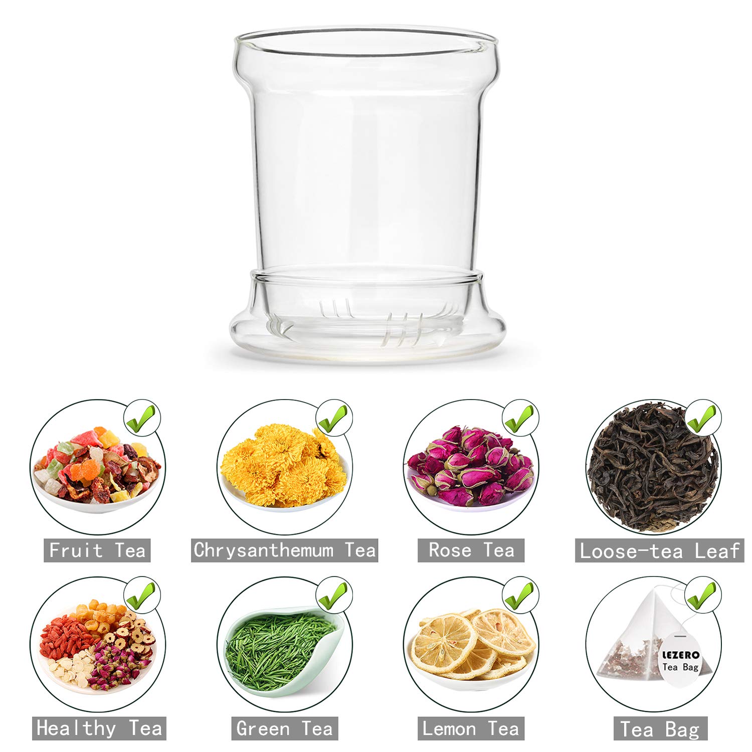 Glass Tea Infuser Cup with Filter and Lids, Borosilicate Glass Tea Mugs with Strainer for Blooming Tea & Loose Leaf Tea, Steeping Tea Cup Gift Kit, Lead-free, Microwave Safe, 14oz