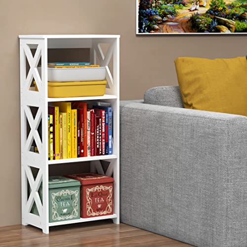 Rerii Bookcase, 4 Tier Small Bookshelf, Kids Open Shelves,Book Organizer Storage Shelf, Display Rack Table for Bathroom Living Room Bedroom Office, White