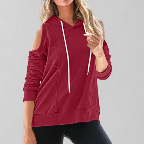 Cold Shoulder Tops for Women 2023 Hooded Sweatshirt Casual Loose Drawstring Hoodies Pullover Solid Color Fall Clothes Orders Placed By Me Fall Winter Fashion Trendy Casual