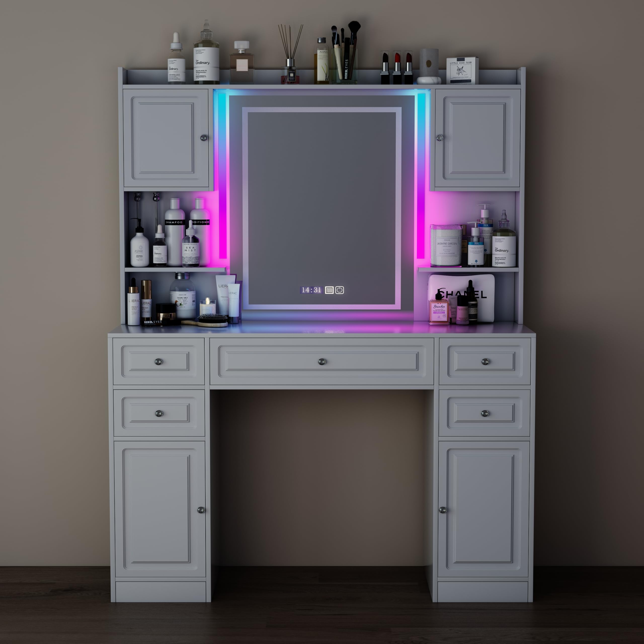 GLAUBIO Makeup Vanity Desk with Lighted Mirror & Cabinets,Makeup Vanity Set with 3 Color Modes, Brightness Adjustable Vanity Table with Drawer,White