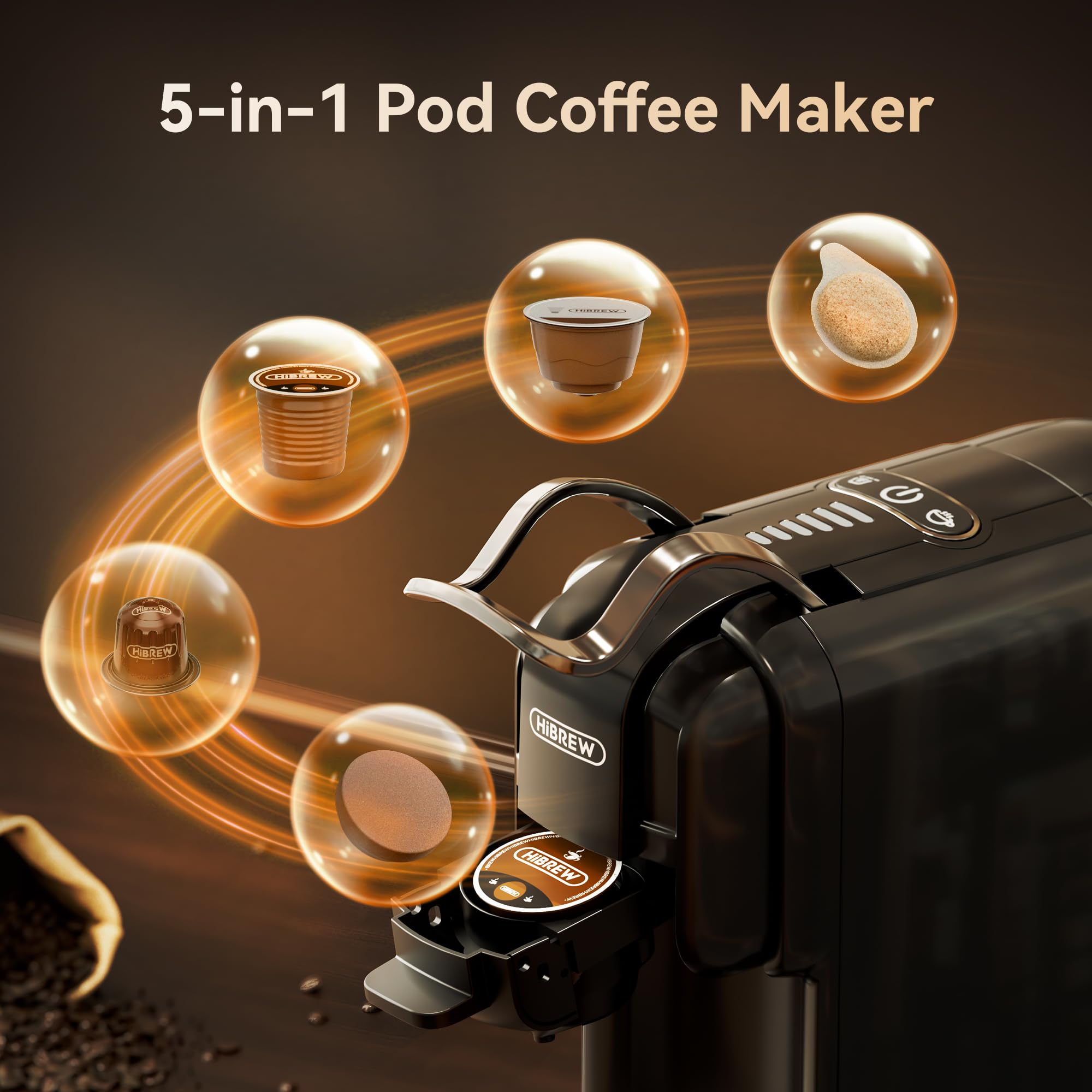 HiBREW H2B 5-in-1 Pod Coffee Maker - Compatible With 4 Coffee Capsule as Well as Espresso Powder, Makes Iced Coffee, Espresso, Cappuccino, Long Black. Hotel Kitchen Coffee Machine