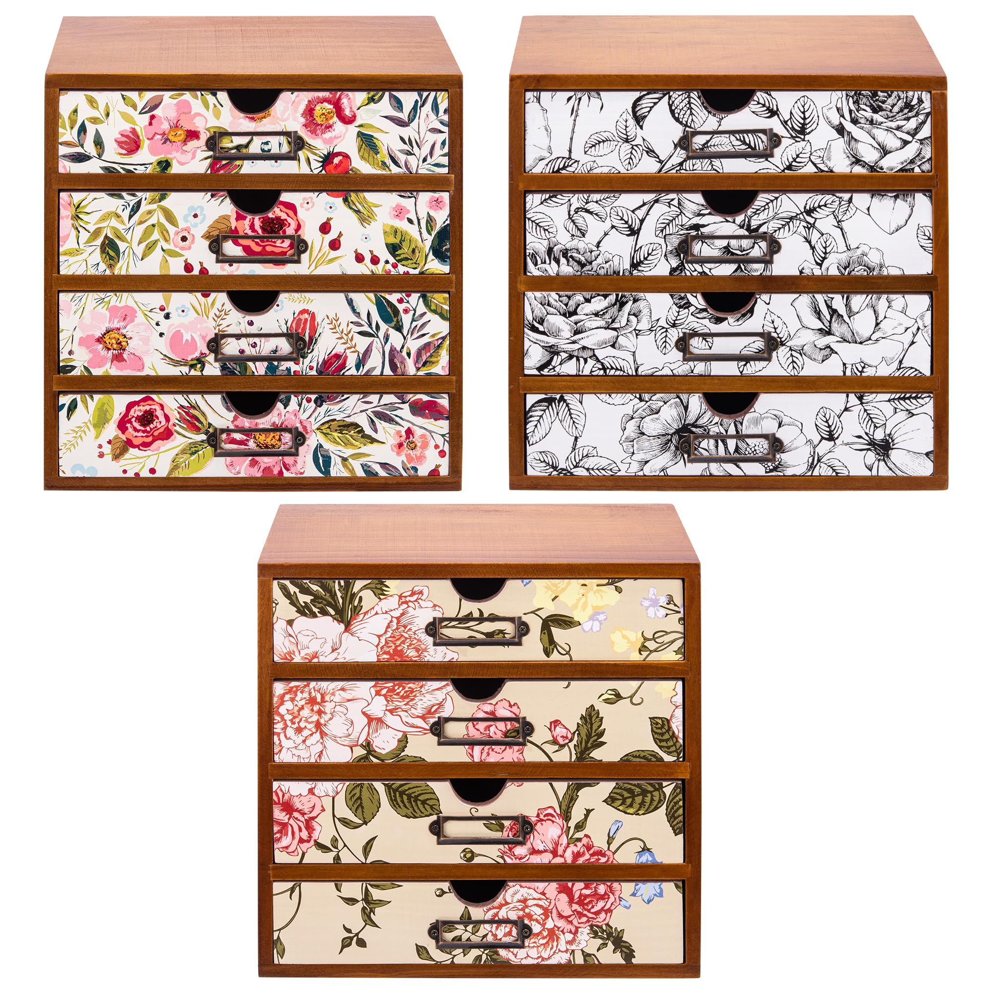 Floral Set Organizer Set Of 3 - Arts and Craft Ephemera Desk Storage - 4-Level Vintage Wood Shelf Drawers, No Assembly Required