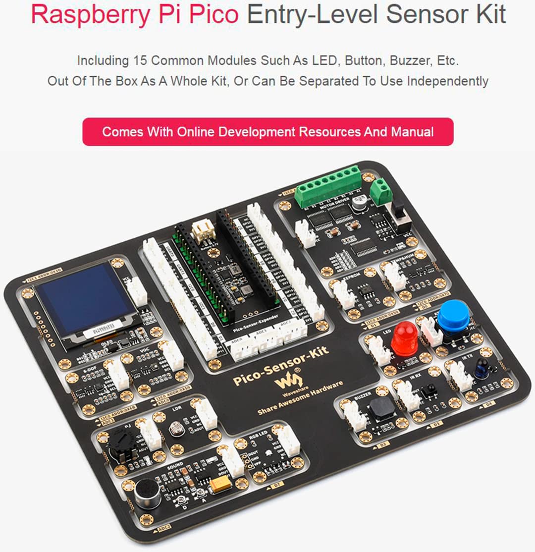 for Raspberry Pi Pico W, Raspberry Pi Pico W Sensor Kit with Expansion Board and Raspberry Pi Pico W with Pre-Soldered Header and RGB LED,Motor Driver,etc,15 Detachable Sensors, All-in-One Design