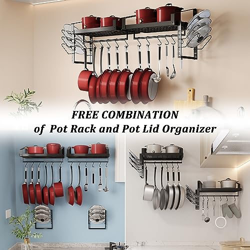 KINDEN 2 Pack 23 Inch Pot Rack Wall Mounted,Hanging Pot Organizer and Pans Lids Storage, Kitchen Cookware Hanging Shelves with 12 Hooks (Black)