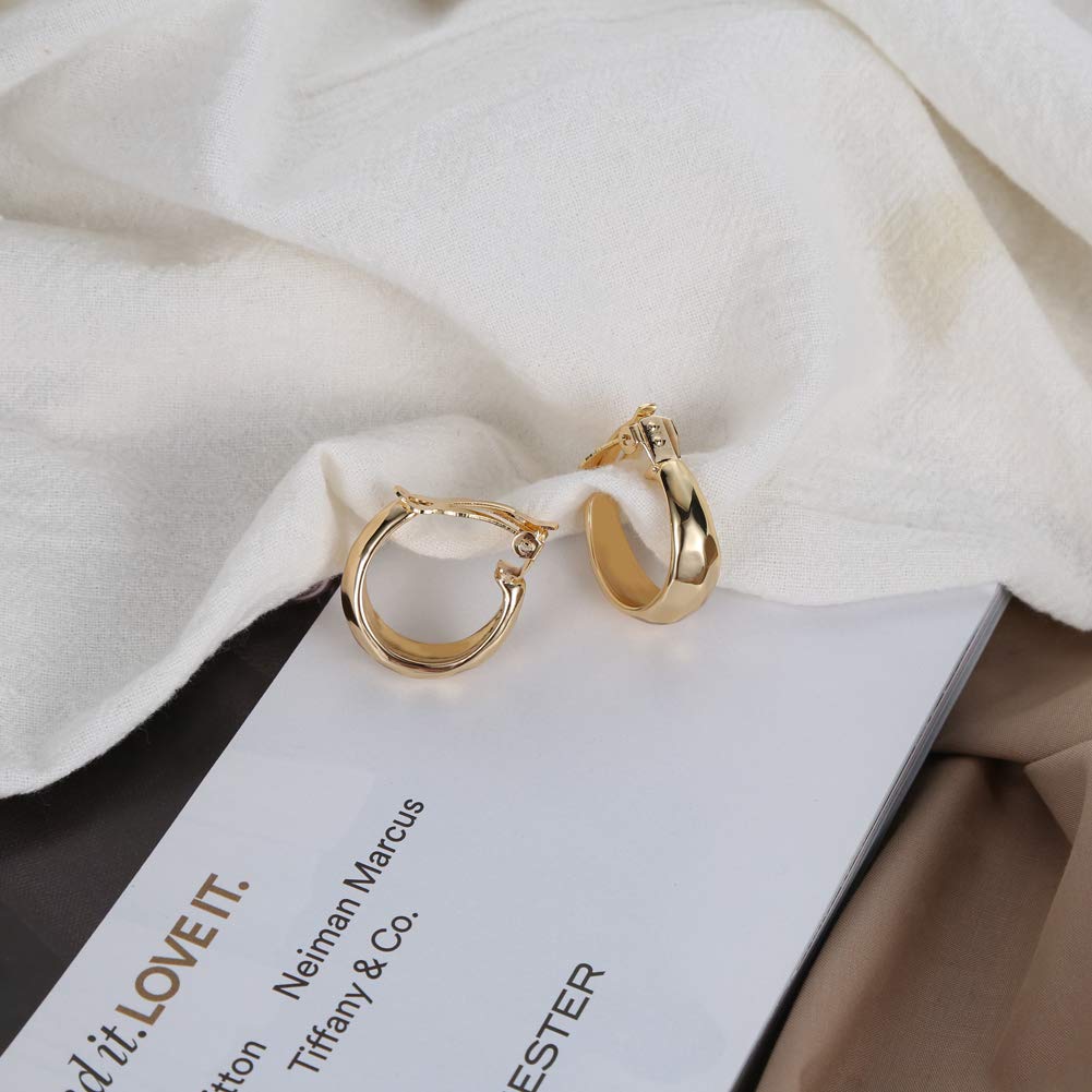 Chunky Gold Clip on Hoop Earrings for Women, 14k Gold Plated Hoops Earring Jewelry