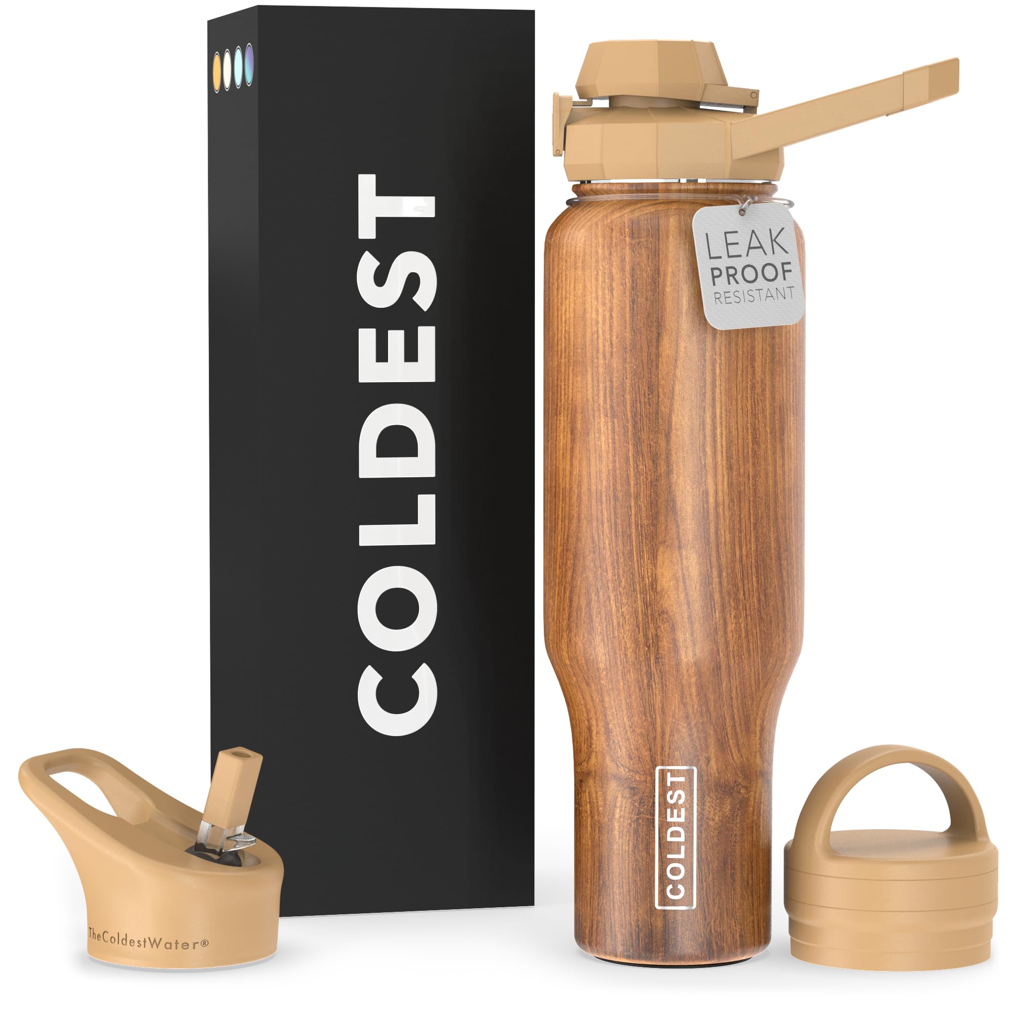 COLDEST Sports Water Bottle - 3 Lids (Chug Lid, Straw Lid, Handle Lid) Tumbler with Handle on Lid Water Bottles Cup Vacuum Insulated Stainless Steel, Fits Cirkul Lid (46 oz, Executive Wood)