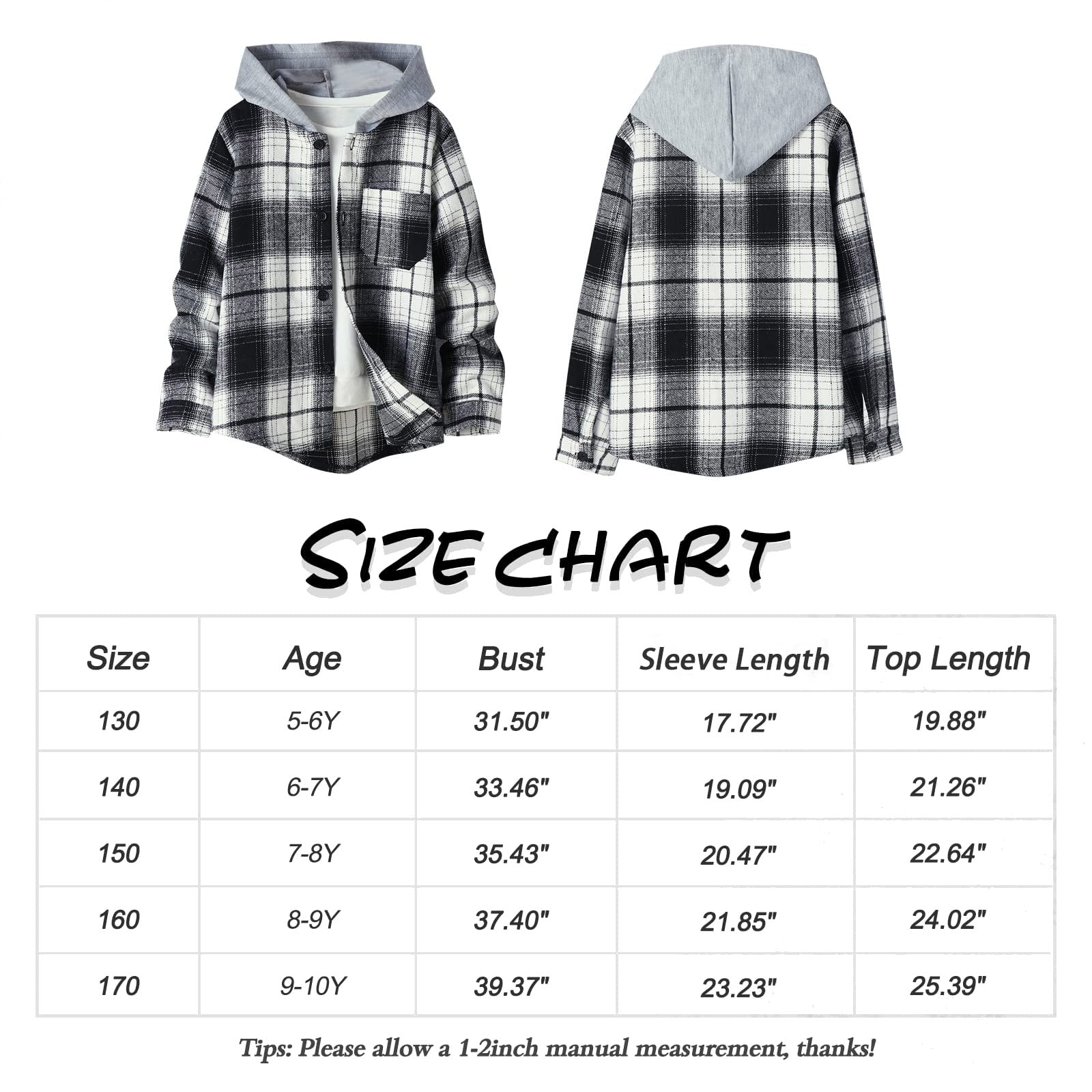 Boys Plaid Hooded Shirts Button Down Long Sleeve Shirt Spring Flannel Jacket Lightweight Casual Clothes 5-10Years