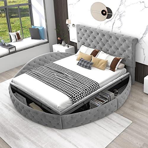 Round Upholstered Full Beds with Storage Modern Velvet Platform Bed with Deep Button Tufting Headboard and Footboard Tufted Bed with Storage Compartments in Rails and Ottoman, Gray