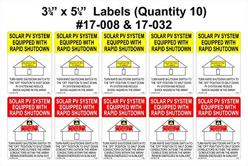 FCD Labels 17-008 and 17-032 Solar PV System Equipped with Rapid Shutdown Vinyl Label Pack (Pack of 10)
