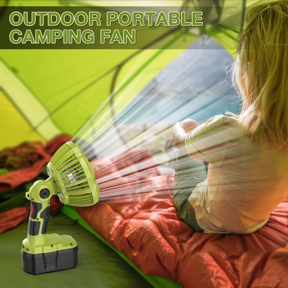 DTEZTECH 7 Inch Camping Fan Powered by Ryobi ONE+ 18V Li-ion Ni-CD Ni-MH Battery, 3 Speed Handheld Fan with Remote, 9W LED Work Light, Small Personal Portable Fan for Home Travel Outdoor Garage Office
