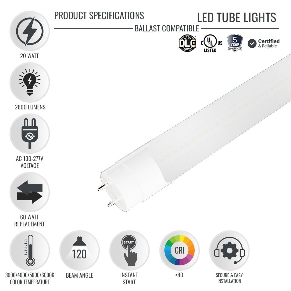 LEDMyplace 20W 4Ft LED Tube Light Bulb, Double Ended Ballast Compatible, Frosted Lens, 5000K Daylight White, 60W Replacement, for Office, Warehouse, Supermarket, Parking, Pack of 4