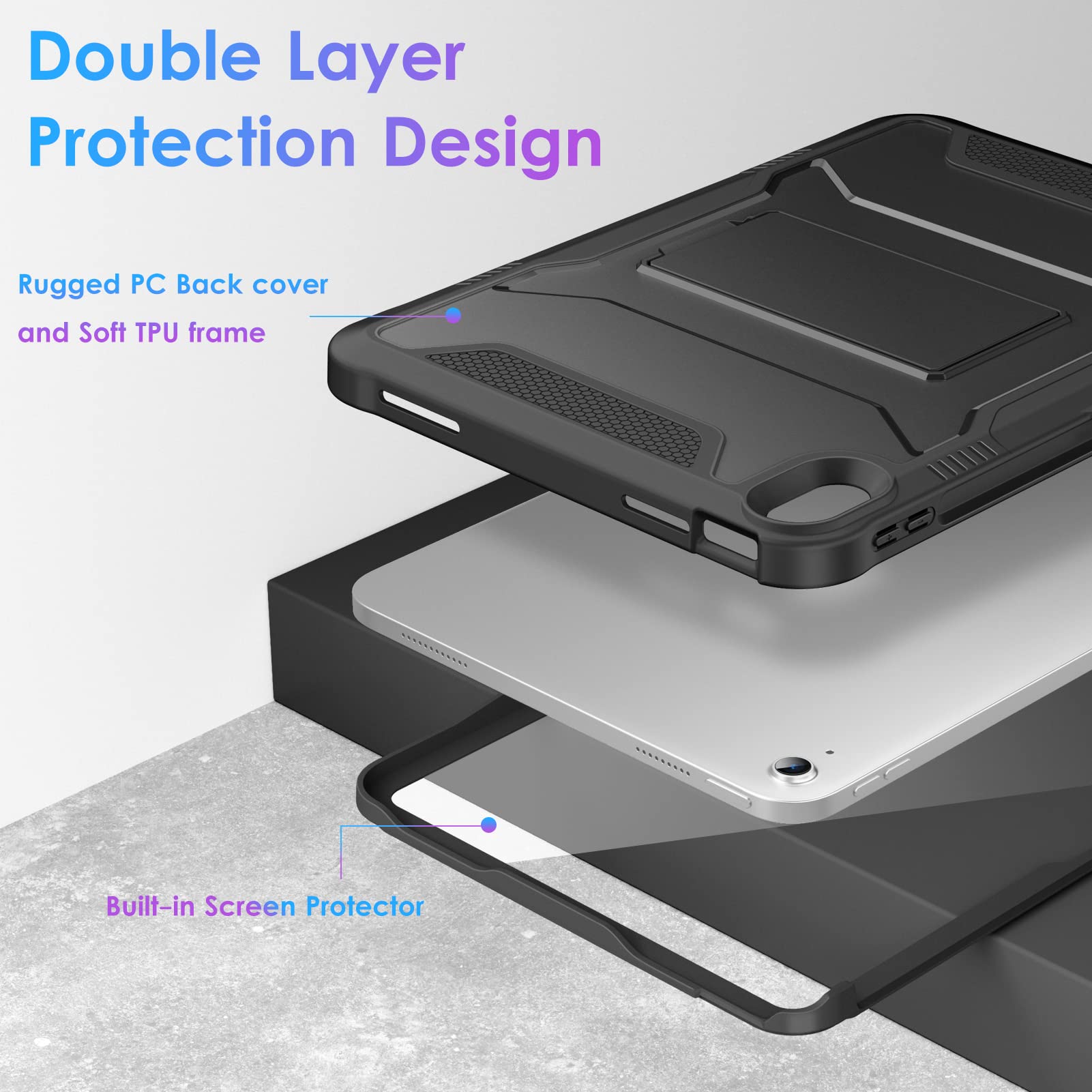 DTTO Case for iPad 10th Generation 10.9 Inch 2022 Release, iPad Case with Kickstand and Built-in Screen Protector, Durable Shockproof Full Body Protective Cover for Apple iPad 10.9 Inch - Black