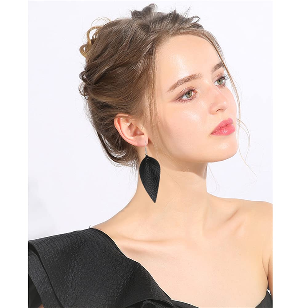 CHUNYANAN Boho Elegant Lightweight Black Genuine Real Leather Geometric Dangle Drop Earrings for Women Petal Leaf Feather Teardrop Earrings Jewelry Gift (Black Genuine Real Leather)