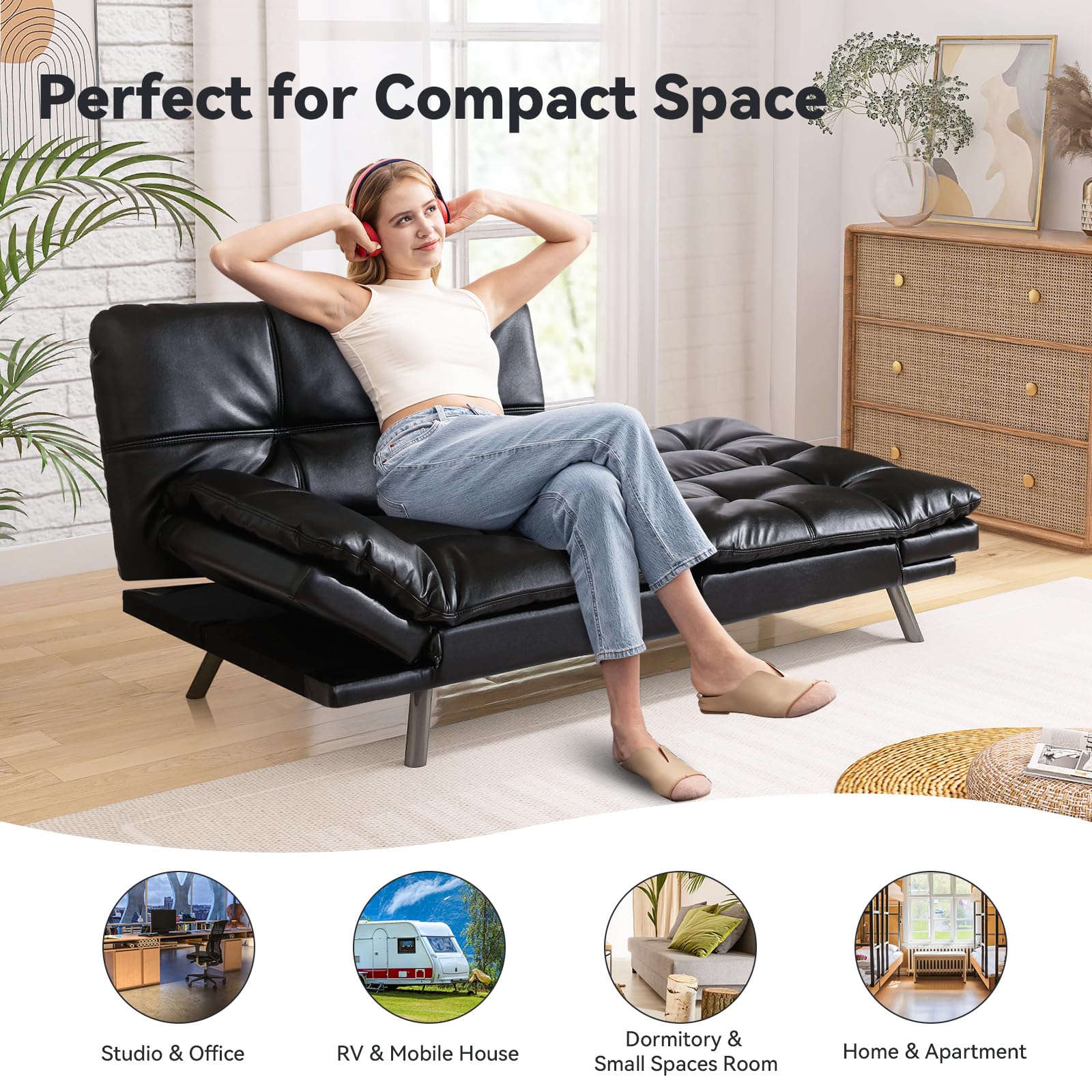 Hcore Convertible Faux Leather Futon Sofa Bed Couch,Memory Foam Futon Sofa Couch,Loveseat Sleeper Sofa Bed,Small Splitback Modern Sofa Bed for Living Room,Office,Apartment,Bright Black