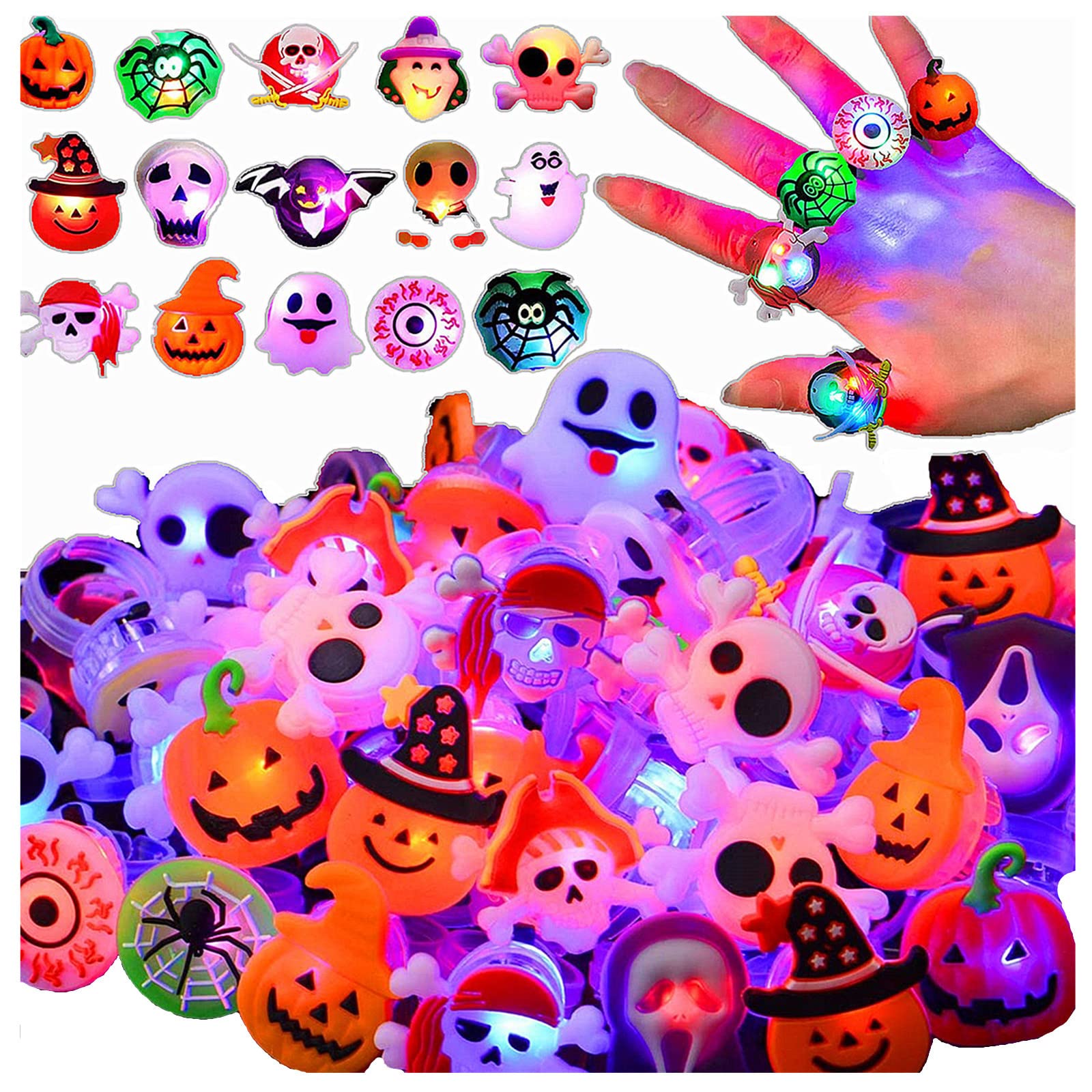 Halloween Light Up Rings 50Pcs Halloween Party Favors Light Up Toys luminous Flash Finger LED Rings Blinking Jelly Rubber Rings for Kids Adults