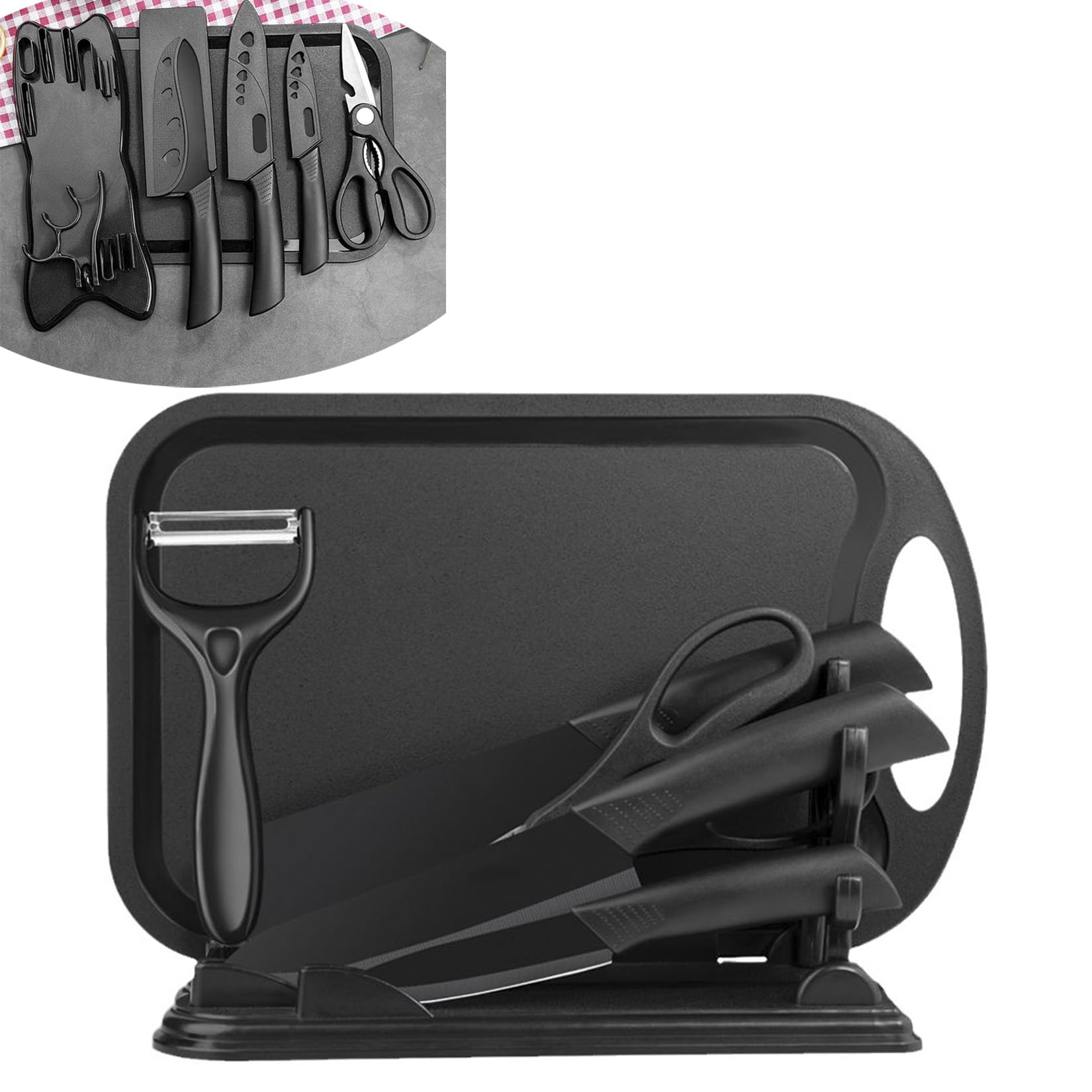 Generic Knife Sets, Black Kitchen Knife Set with Stainless Steel Kitchen Knife, Melon Planer, Holder, Suitable for kitchens, hotels, and restaurants