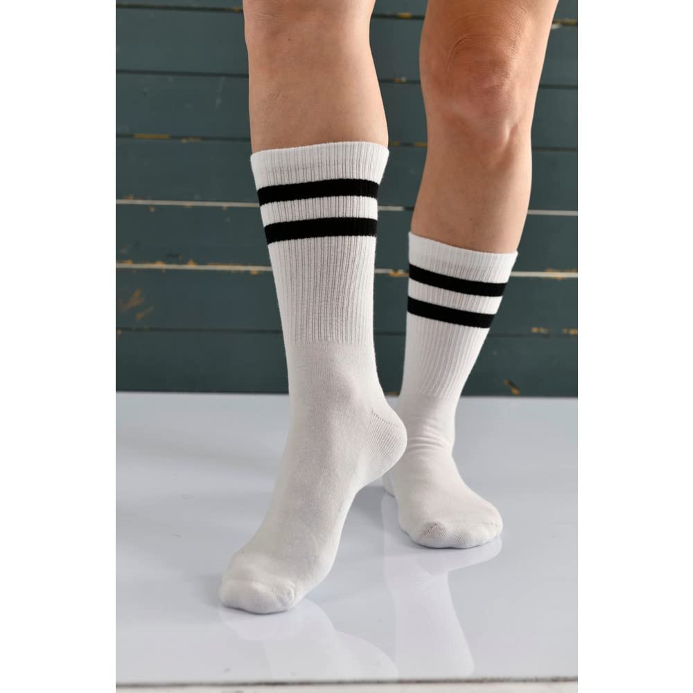 Çimpa Men’s Pack of 5 Made In TURKEY Soft Thin White Striped Absorbent Cotton Athletic Crew Socks Turkish Thread Made In Turkey White US Men’s Shoe Size 7-12.5 Sock Size 10-14